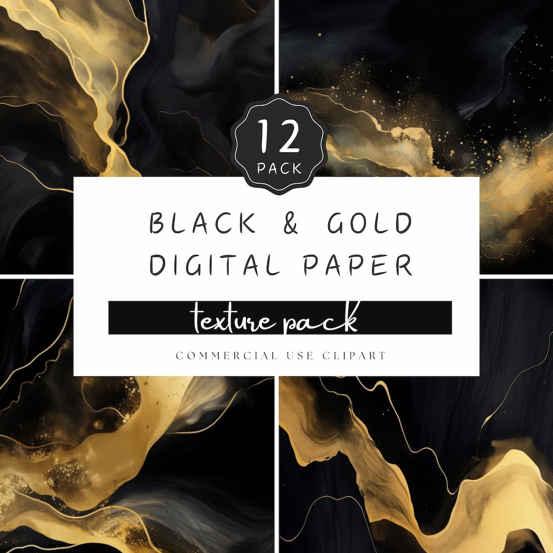 Black and Gold Digital Paper, Fancy Dark Background, Alcohol Ink and ...