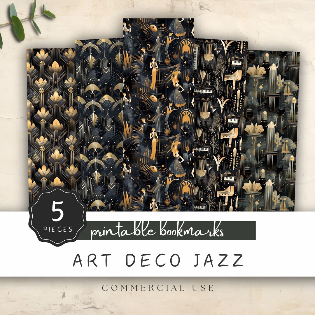 Art Deco Jazz Printable Bookmark, Black and Gold Jazzy Scene, 5 ...