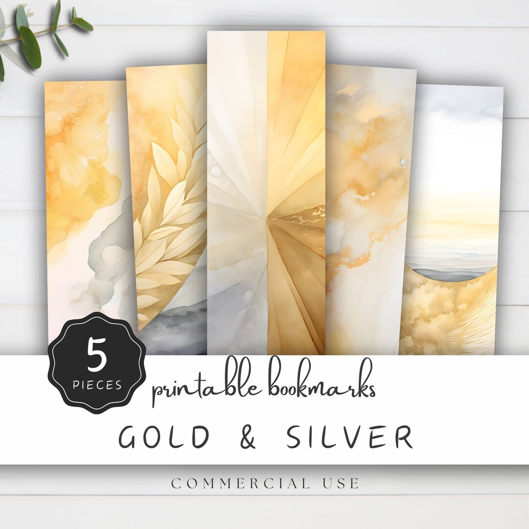Silver and Gold Printable Bookmark, 5 Metallic Watercolor Designs, PNG ...
