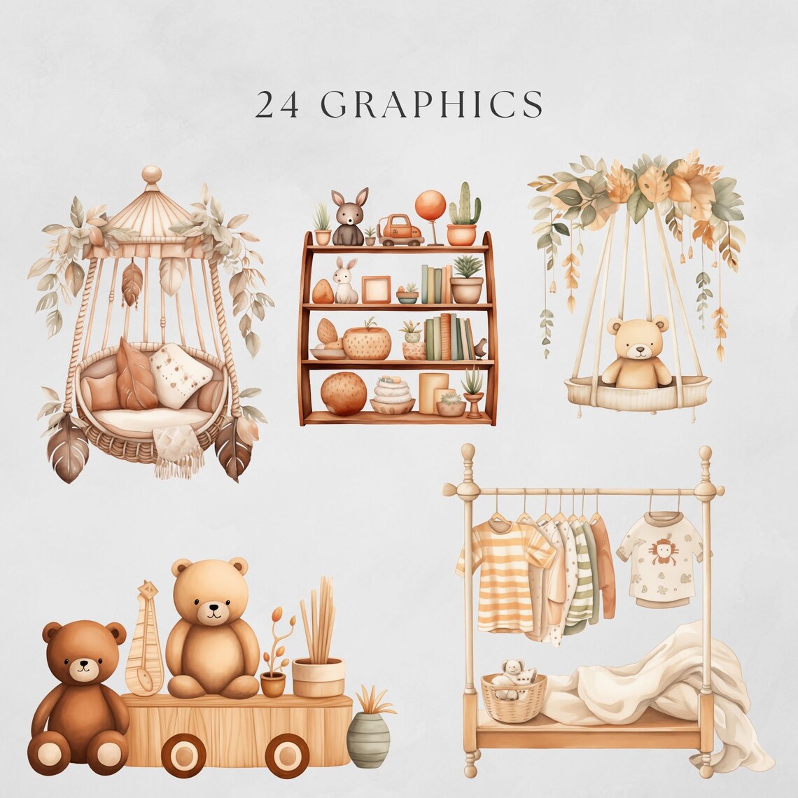 Boho Baby Nursery Clipart Neutral Baby Beige Green Bohemian Theme Cute ...