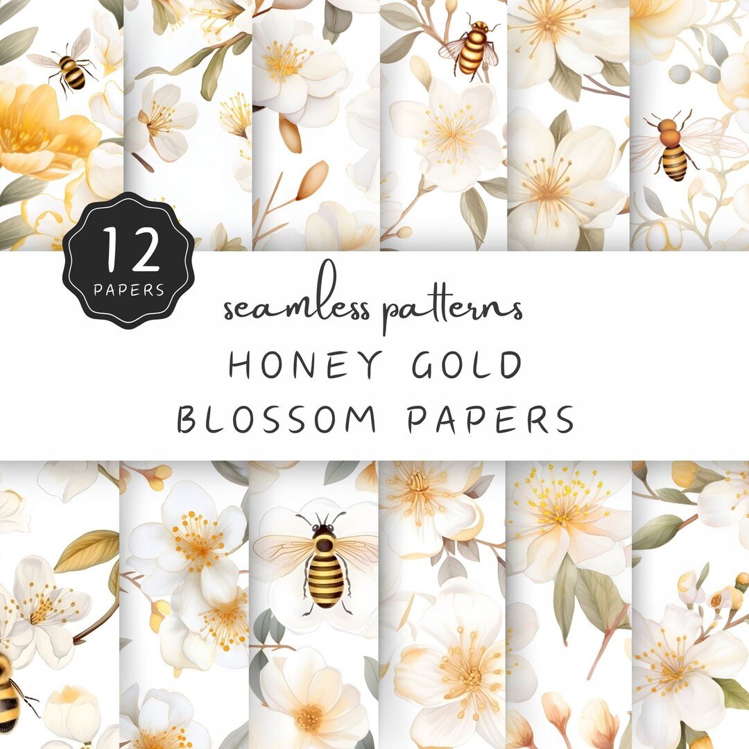 Honey Gold Blossom Digital Paper JPG Watercolor Cute Bee Seamless ...
