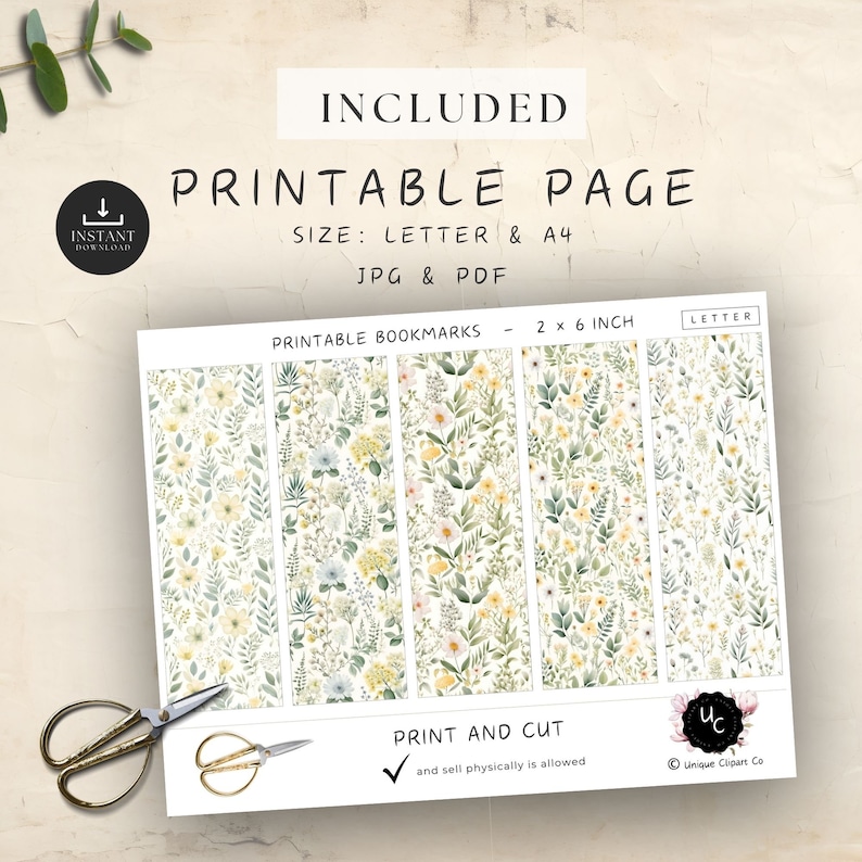 Wilflower Printable Bookmark, Neutral Watercolor Pattern Scandinavian ...