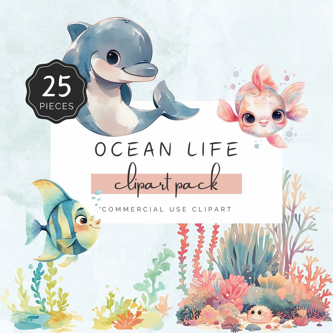 Watercolor Ocean Life Clipart Pack, Cute Starfish Bundle, Shark ...