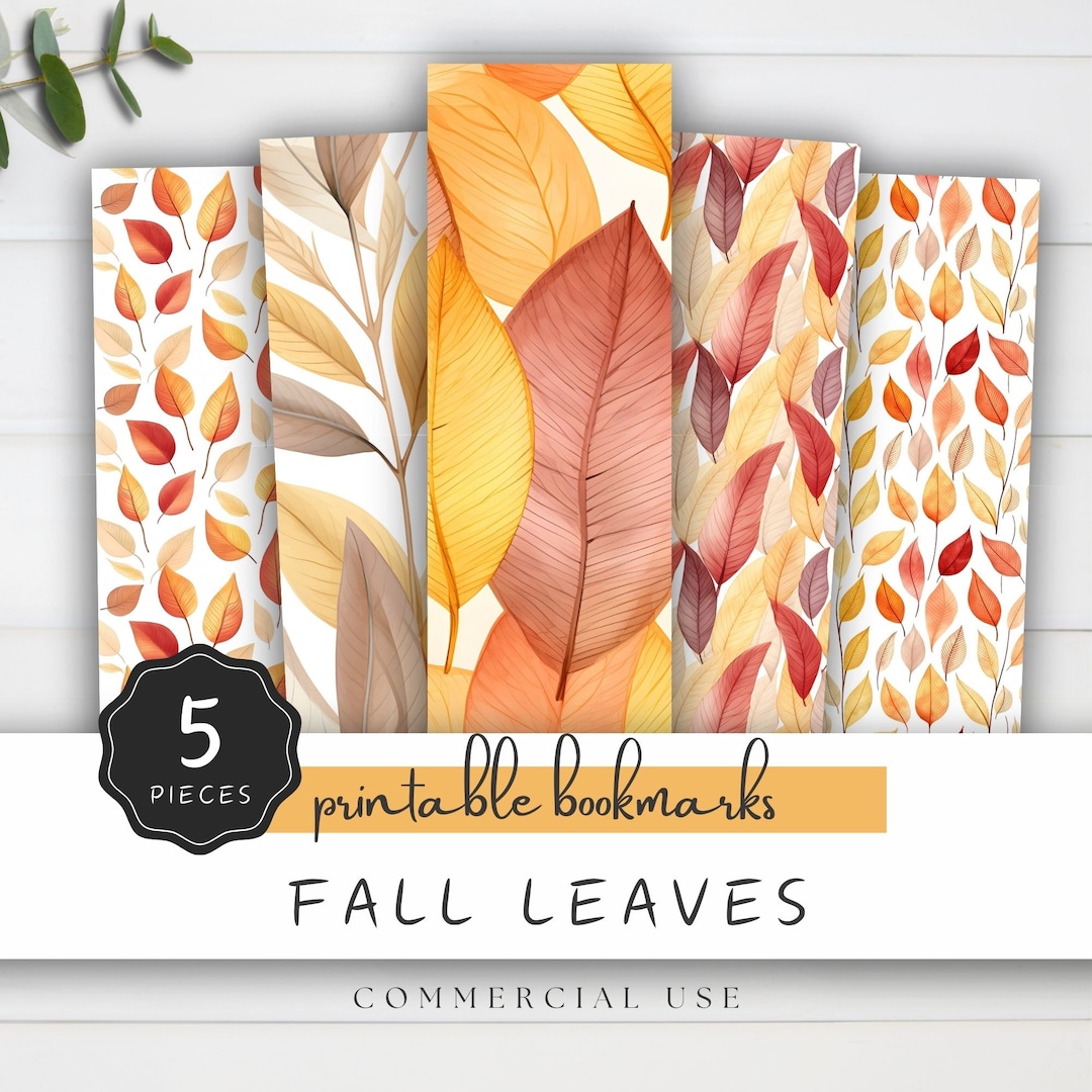 Fall Leaves Watercolor Printable Bookmark, 5 Red Autumn Pattern Designs ...