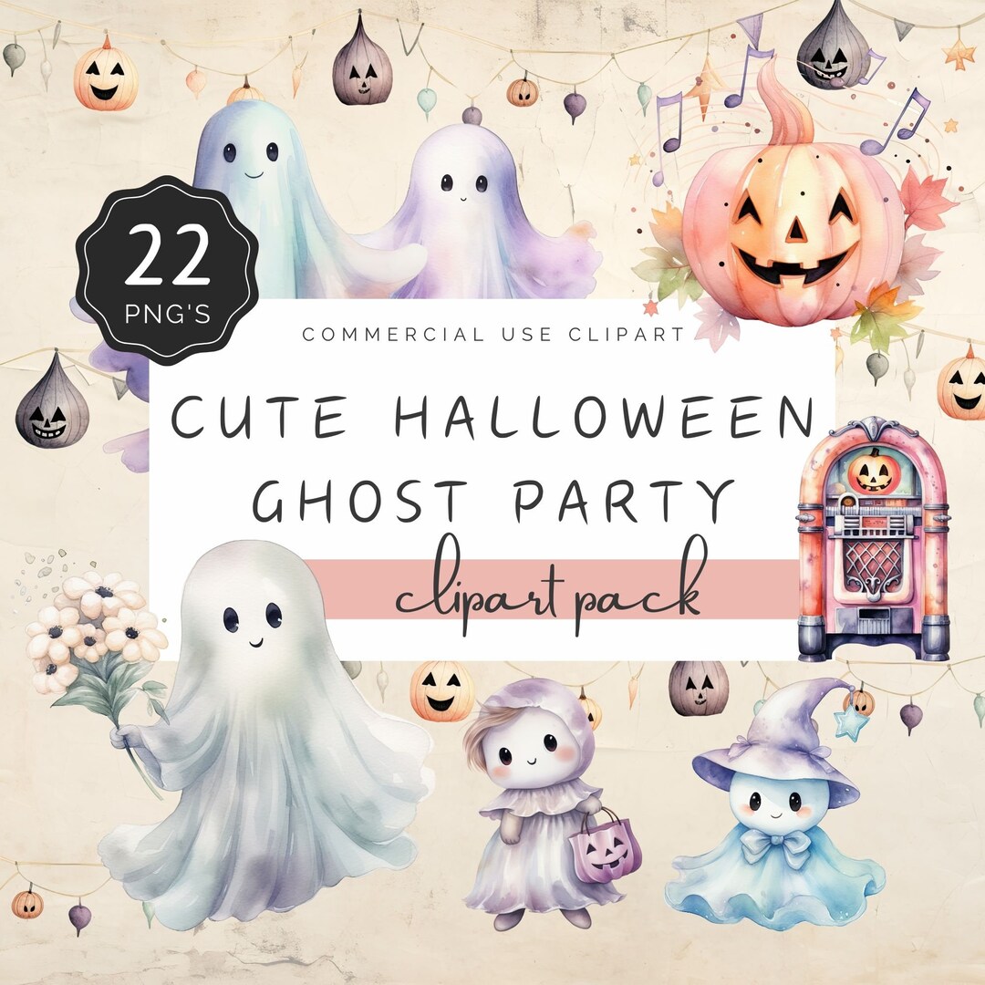Cute Halloween Ghost Party Clipart, Watercolor Pumpkin and Girly ...