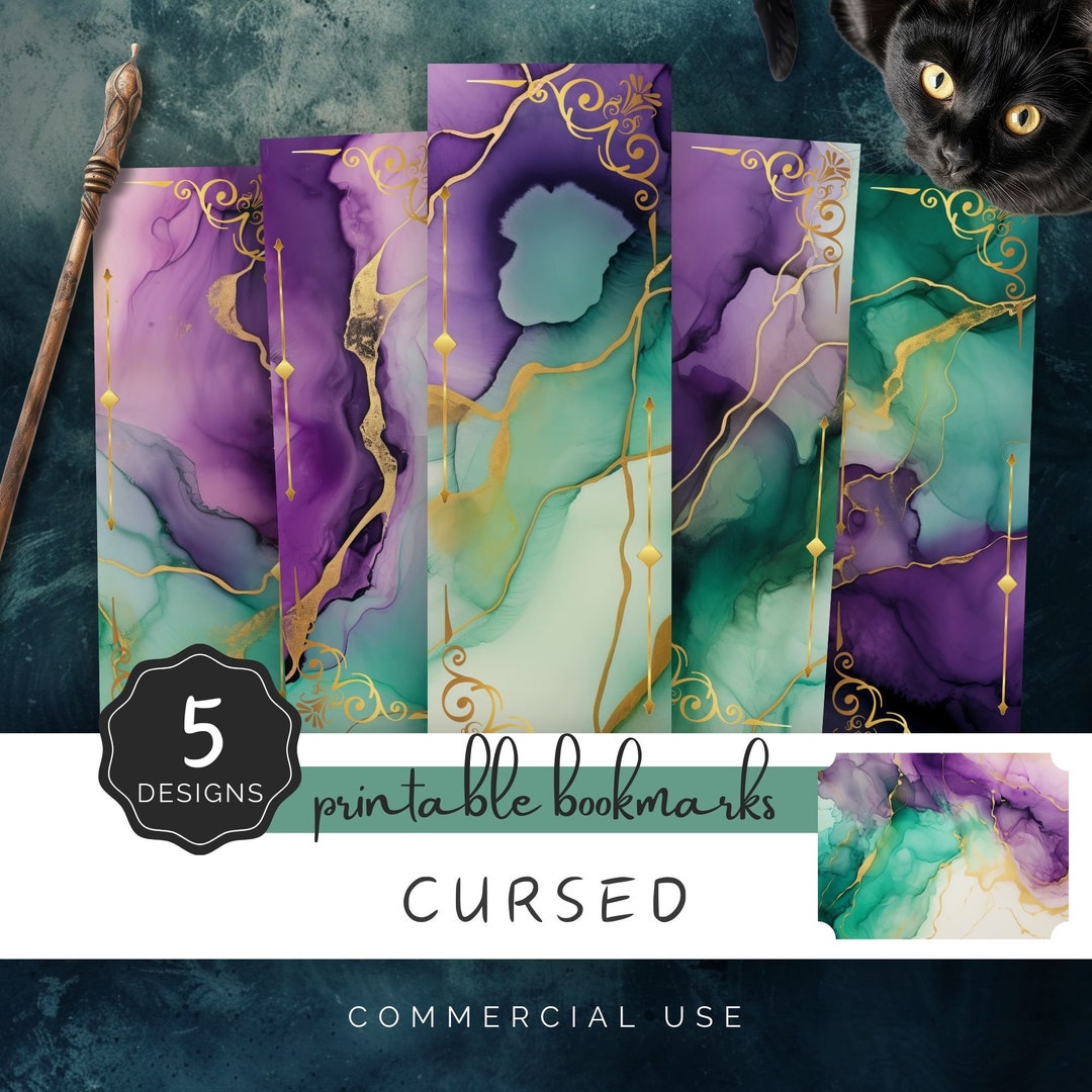 Green and Purple Alcohol Ink Printable Bookmark, "cursed" Gold Border ...