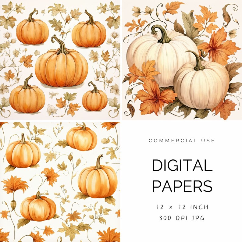 Fall Pumpkin Digital Paper, Vintage Watercolor Toile Inspired Autumn ...