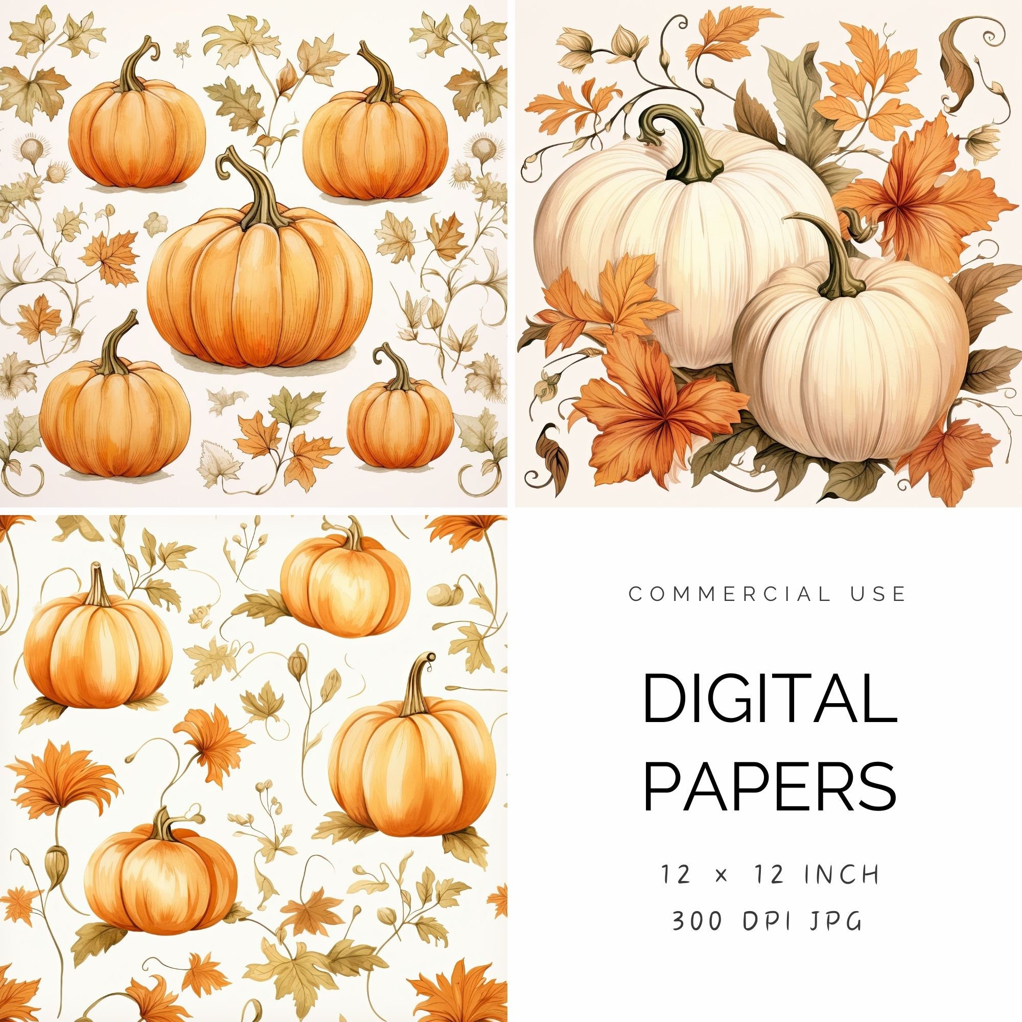 Fall Pumpkin Digital Paper, Vintage Watercolor Toile Inspired Autumn ...