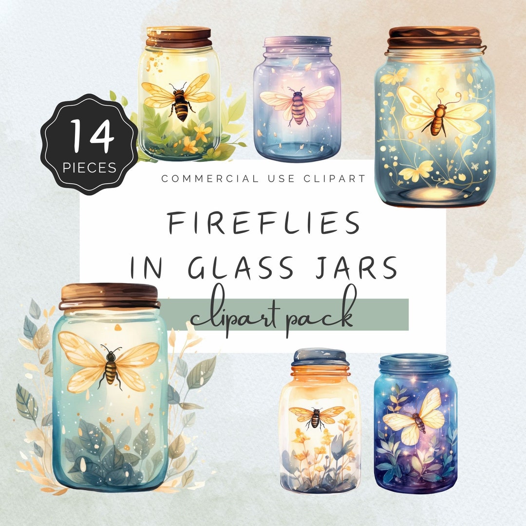 Fireflies in Glass Jars Clipart, Watercolor Captured Insects, Glowing ...
