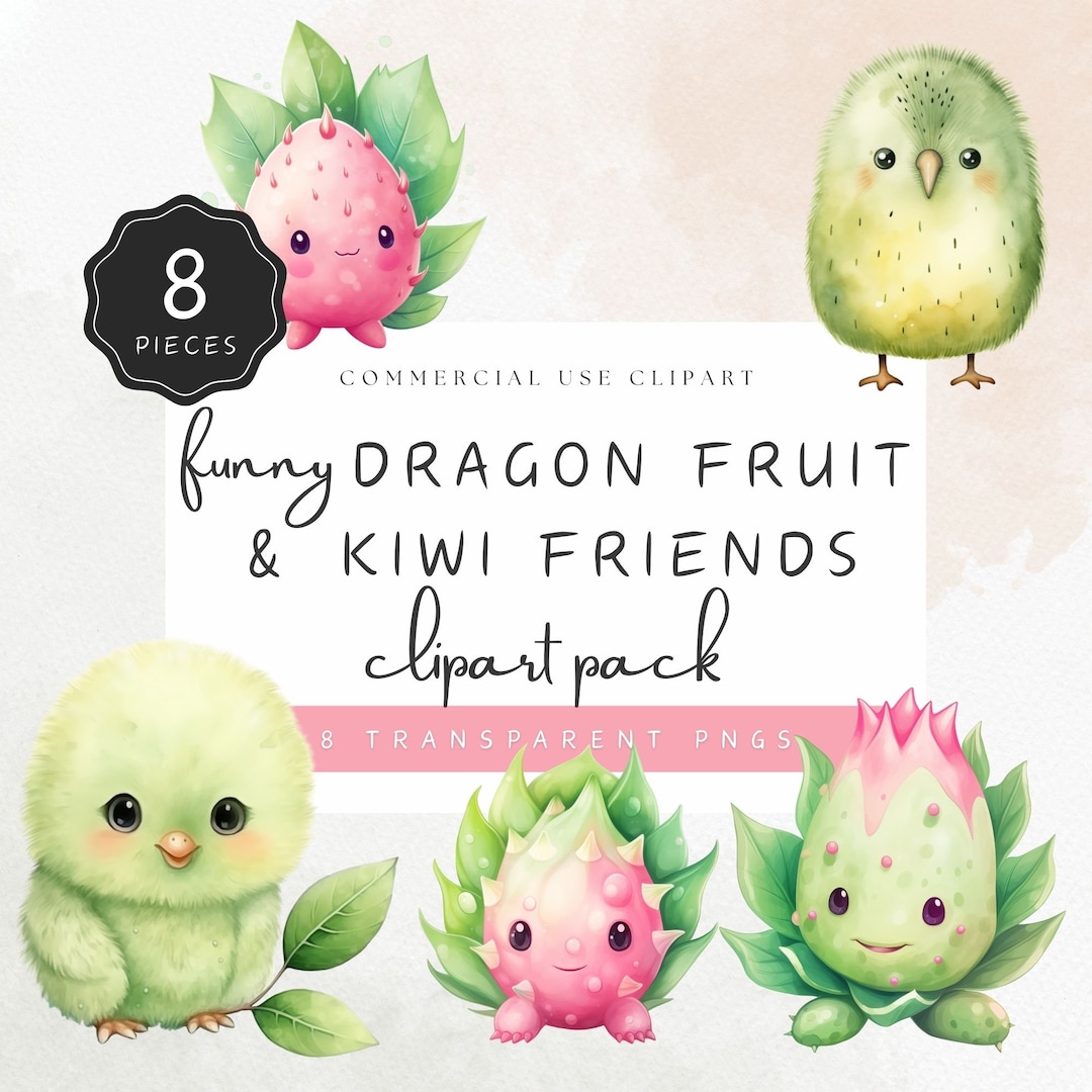 Cute Dragon Fruit and Kiwi Friends Clipart, Fantasy Dragon Fruit Animal ...