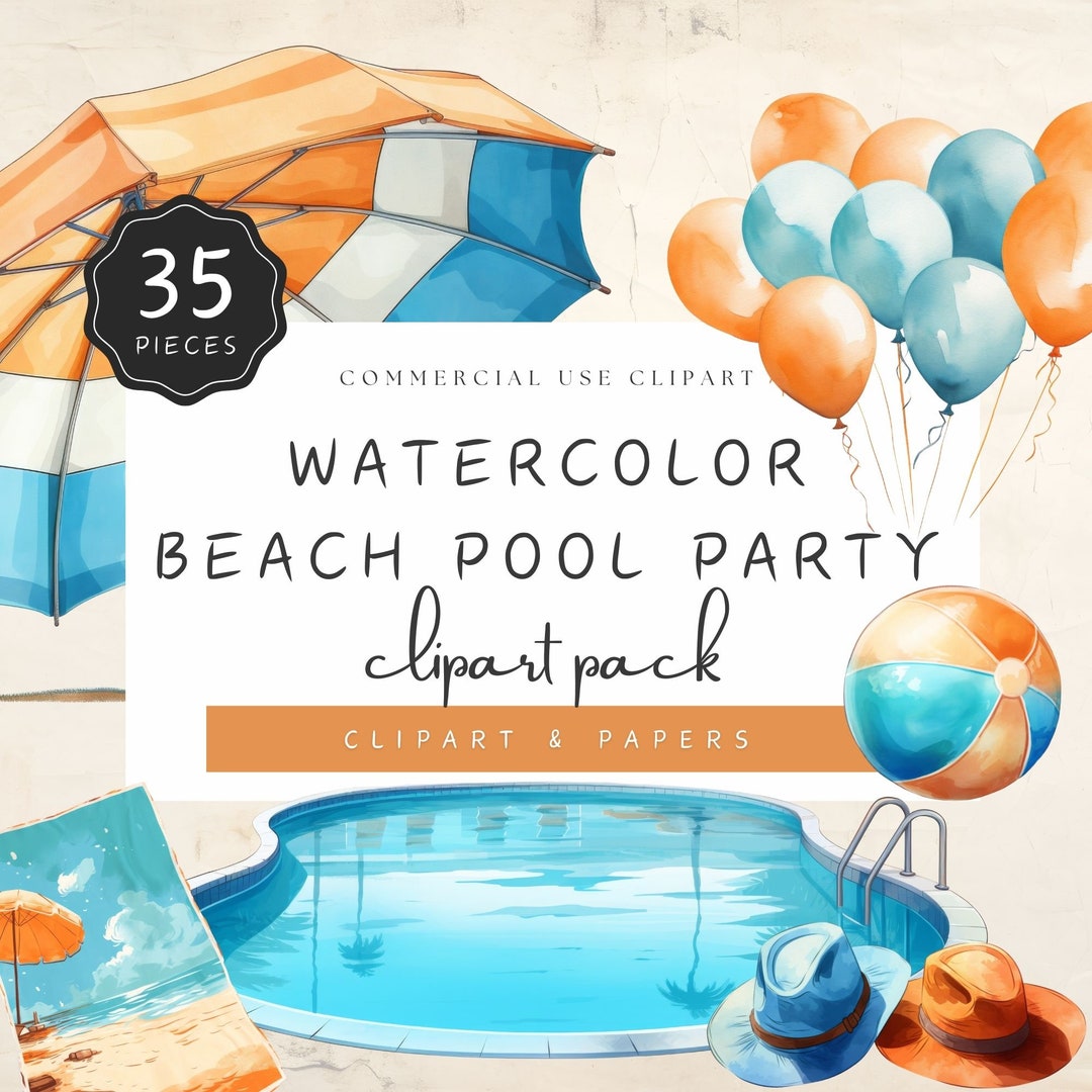Beach Pool Party Clipart, Watercolor Blue and Orange Graphics, Hot Tub ...