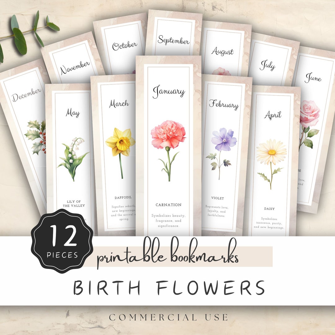 Birth Flowers Bookmark, Printable Birth Month Flower, 12 Designs in ...