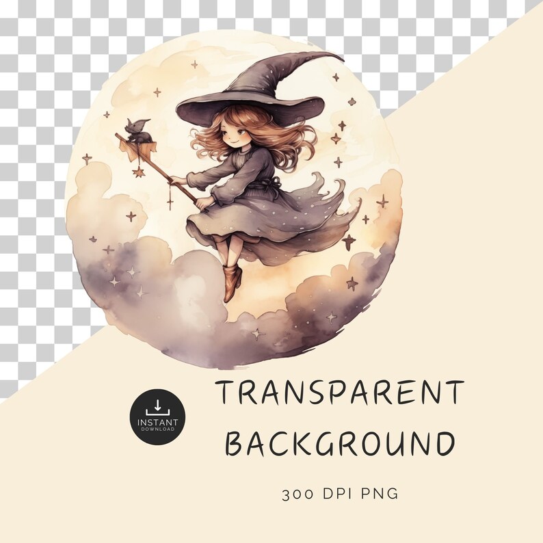 Flying Witch Clipart, Watercolor Illustration Cute Halloween Graphic ...