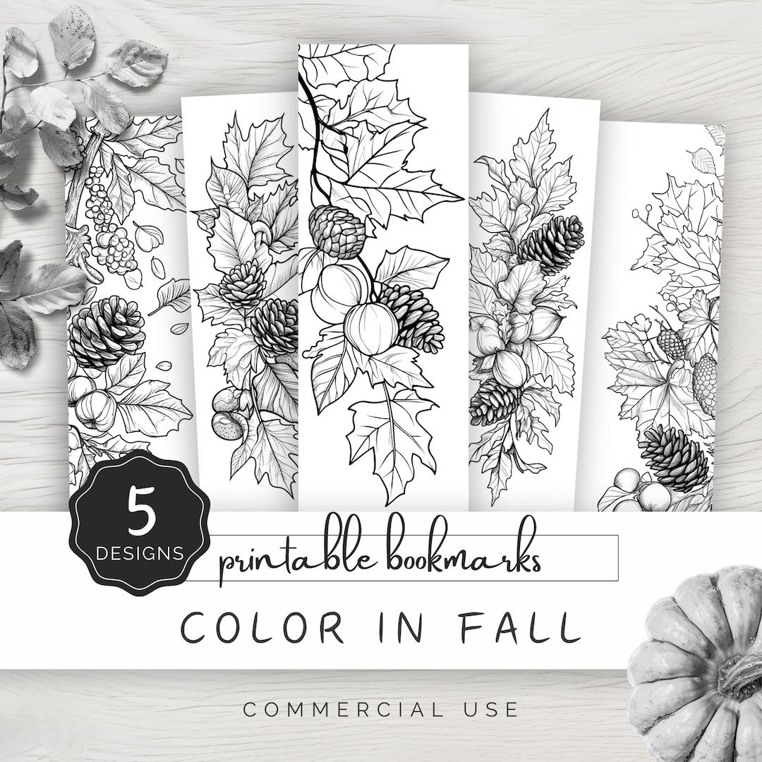 Fall Coloring Page Printable Bookmark, Line Art Drawing of Leaves and ...