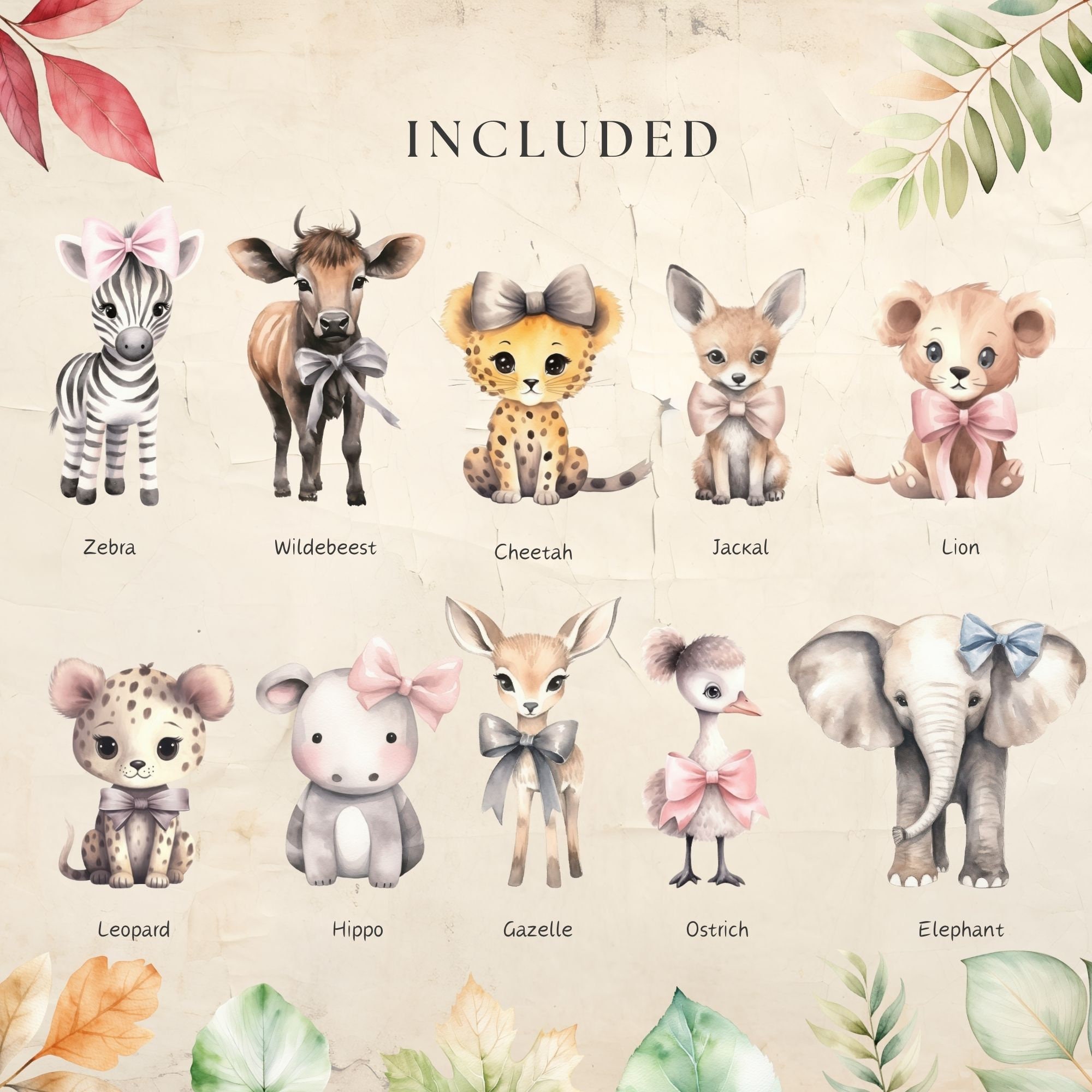 Wild One Safari Clipart Bundle, Cute Animals With Bows, Watercolor ...