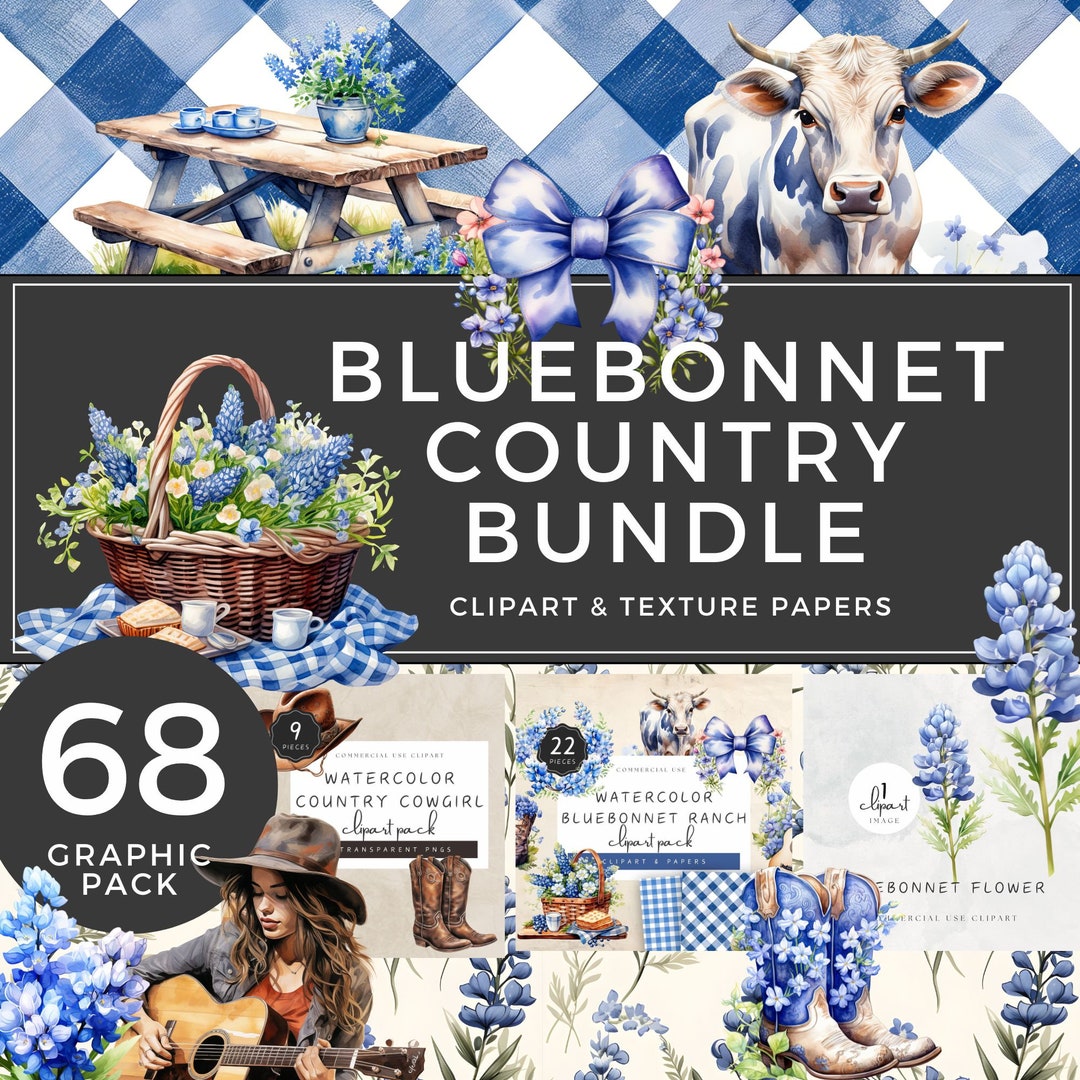 Watercolor Bluebonnet Clipart Bundle, Country Cowgirl, Blue Seamless ...