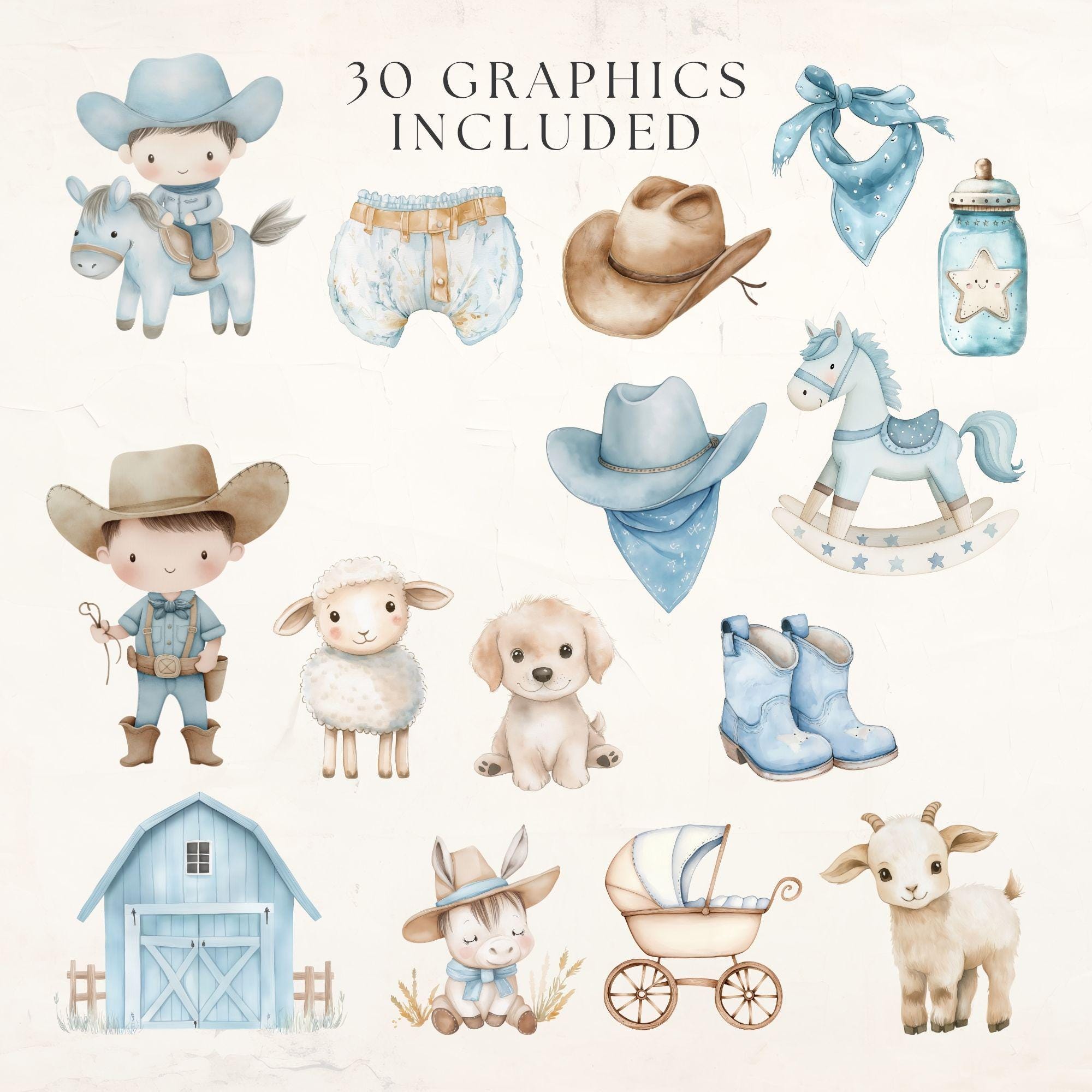 Blue Cowboy Baby Clipart, Cute Barn, Goat, Sheep, Calf, Cowboy Booties ...