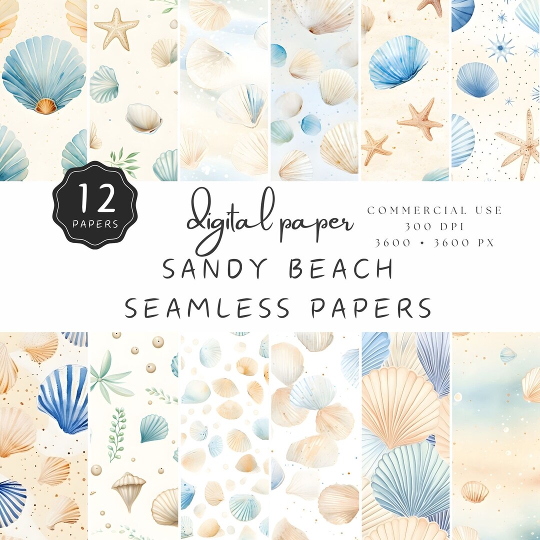 Sandy Beach Digital Paper Seamless, Watercolor Pattern, Seashells and ...
