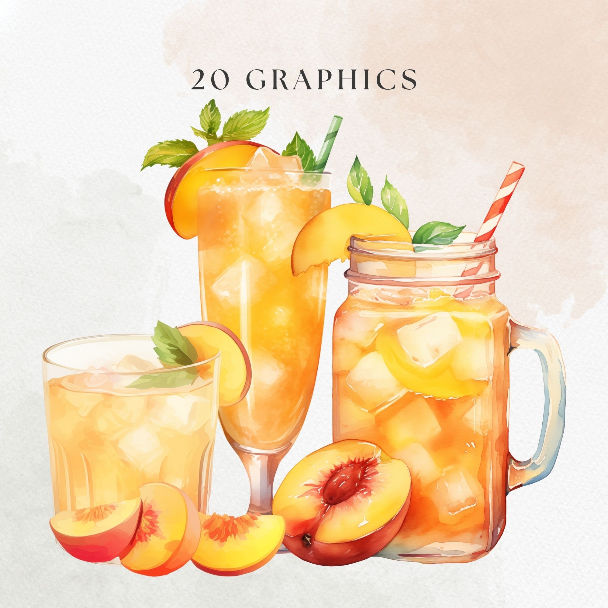 Peach Cocktail Clipart Watercolor Peach Mocktail PNG Bundle Menu of ...