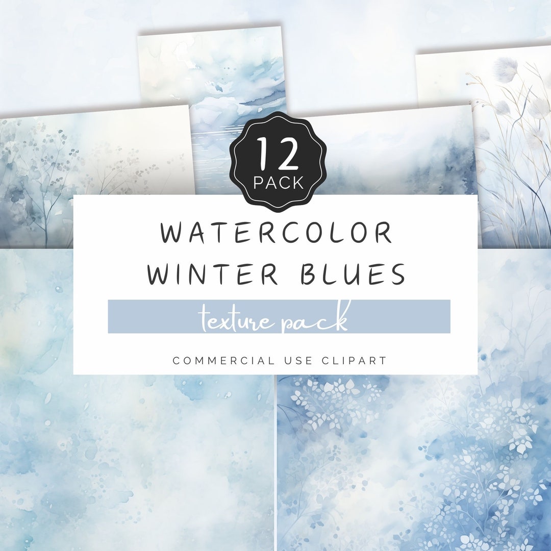 Watercolor Winter Blues Texture Background, Ice and Snow White Floral ...