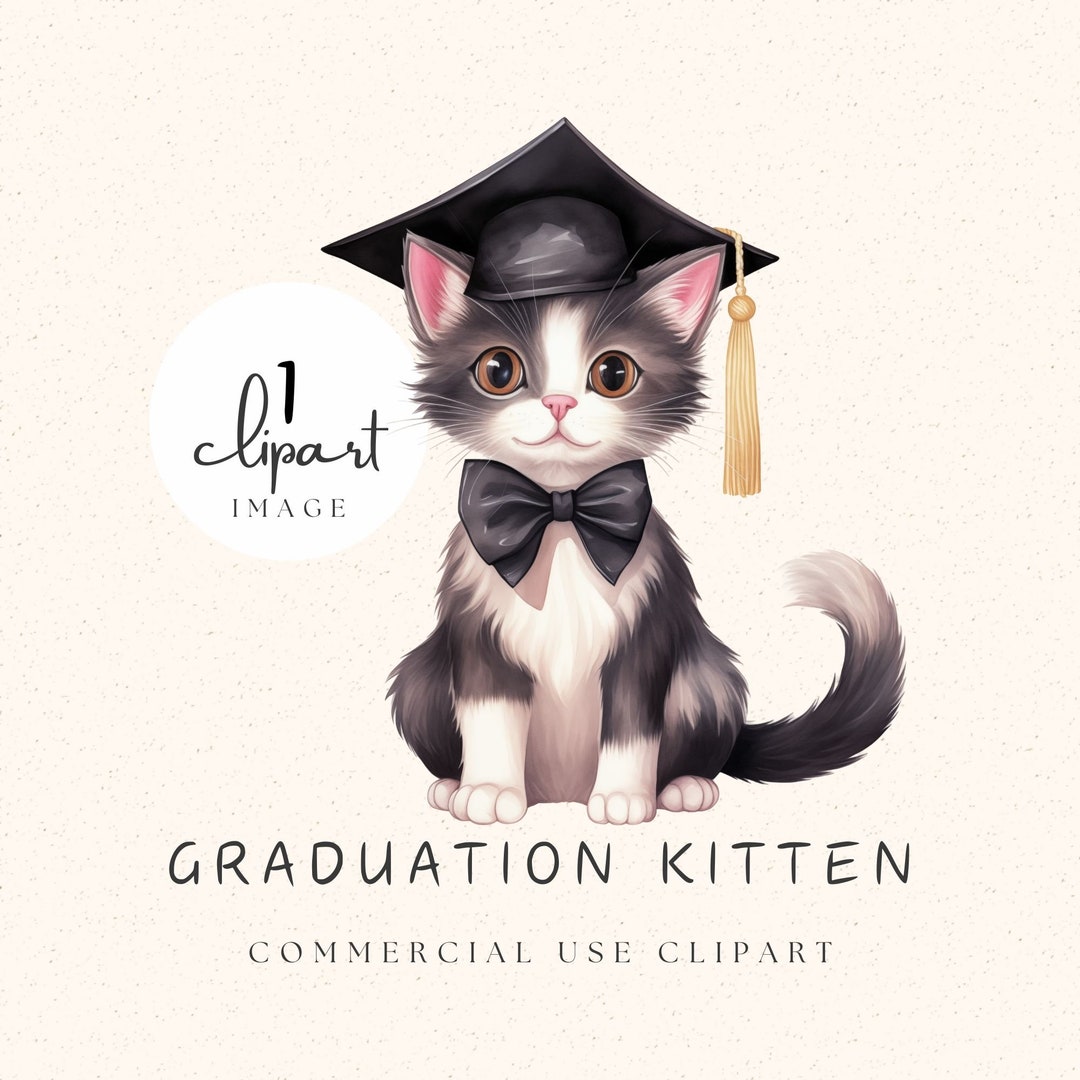 Graduation Cat PNG Clipart Watercolor Cute Kitten in Style With Bowtie ...