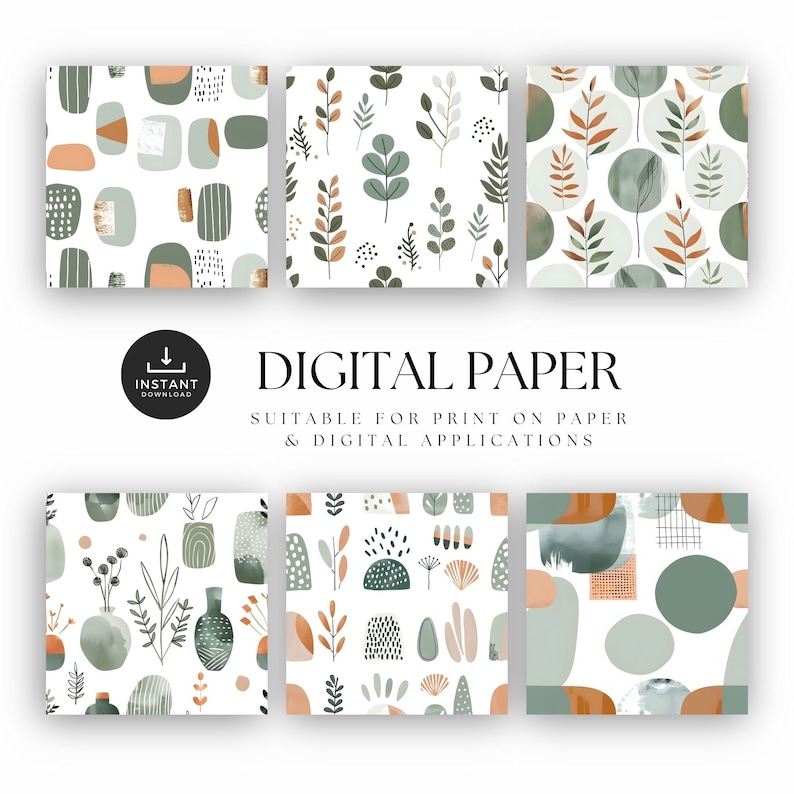 Scandi Digital Paper, Sage Green and Copper Boho Elements Pattern ...