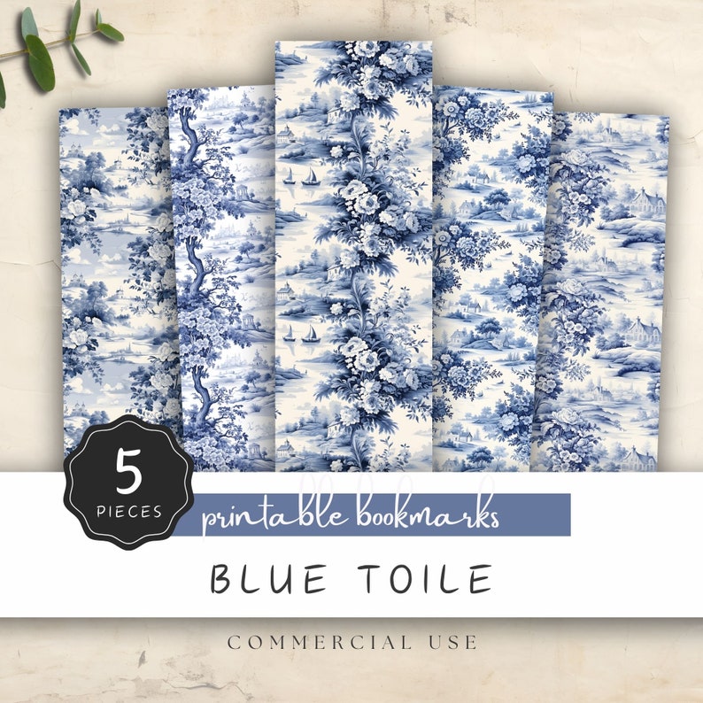 Blue Toile Printable Bookmark, Delfts Blauw Watercolor Pattern Floral ...
