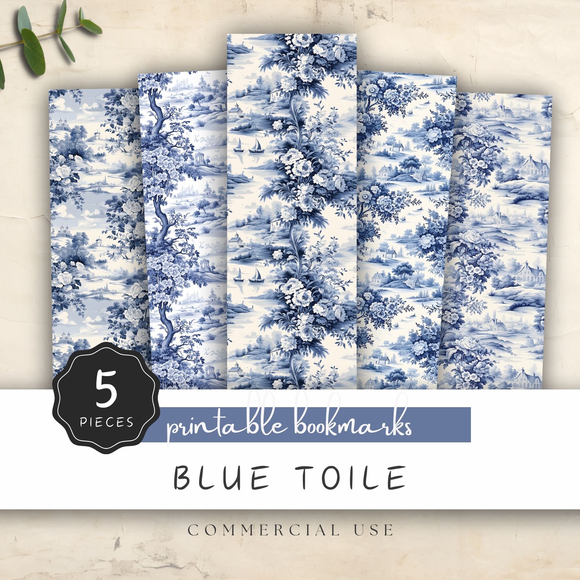 Blue Toile Printable Bookmark, Delfts Blauw Watercolor Pattern Floral ...