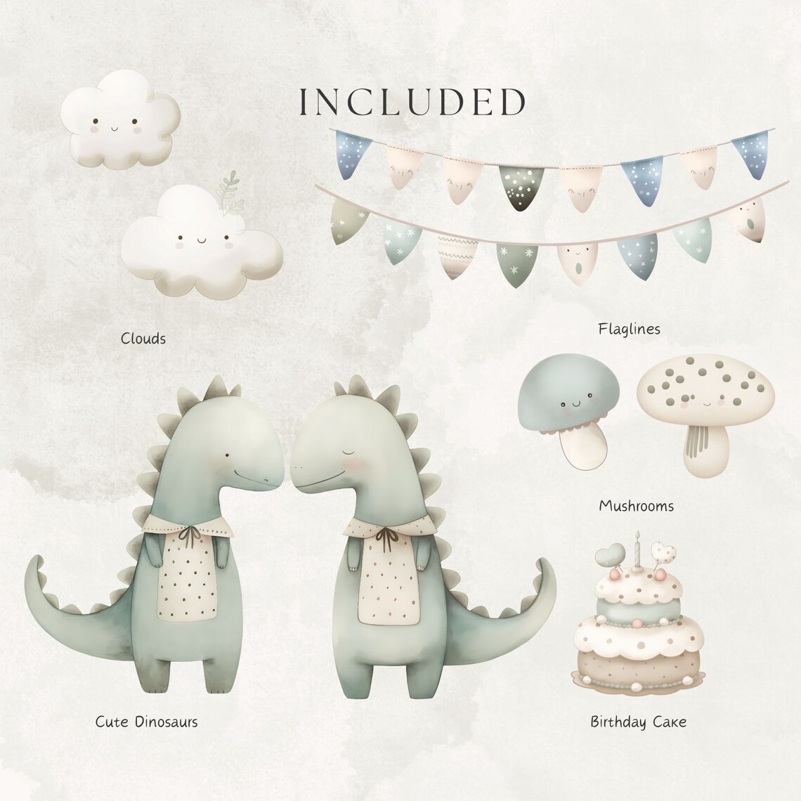 Dinosaur Birthday Clipart, Nursery Dino Twins, Cute Baby Dino, Neutral ...