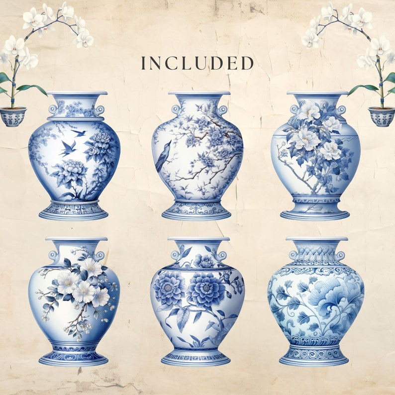 Chinoiserie Vase Clipart, Watercolor Delfts Blue Pot With Orchid, PNG ...