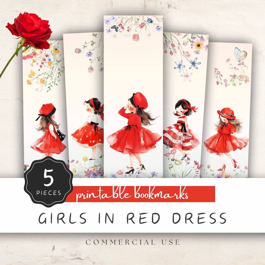 Red Dress Printable Bookmark, Watercolor Cute Girls Bookmarks ...