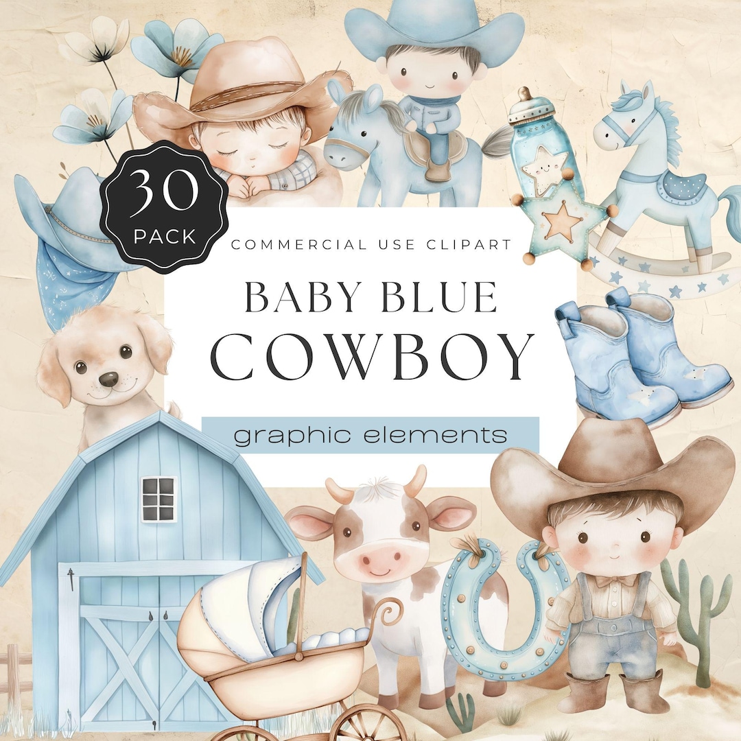 Blue Cowboy Baby Clipart, Cute Barn, Goat, Sheep, Calf, Cowboy Booties ...