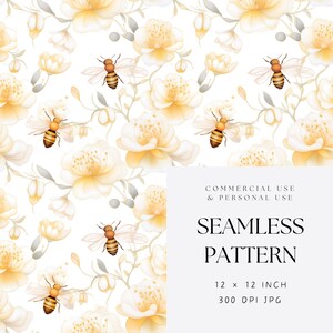 Honey Gold Blossom Digital Paper JPG Watercolor Cute Bee Seamless ...