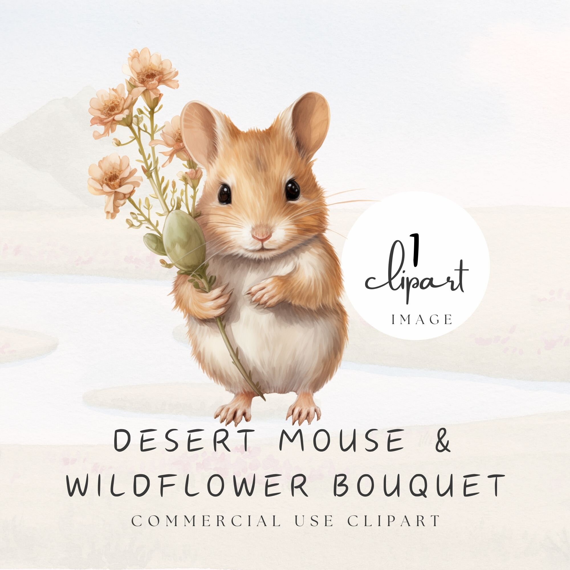 Mouse and Flower Clipart, Watercolor Desert Mouse With Wildflower ...