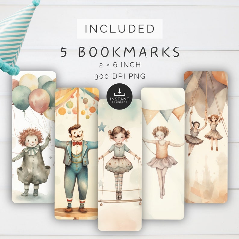 Circus Act Printable Bookmark, Watercolor Cute Bookmarks Trapeze Show ...