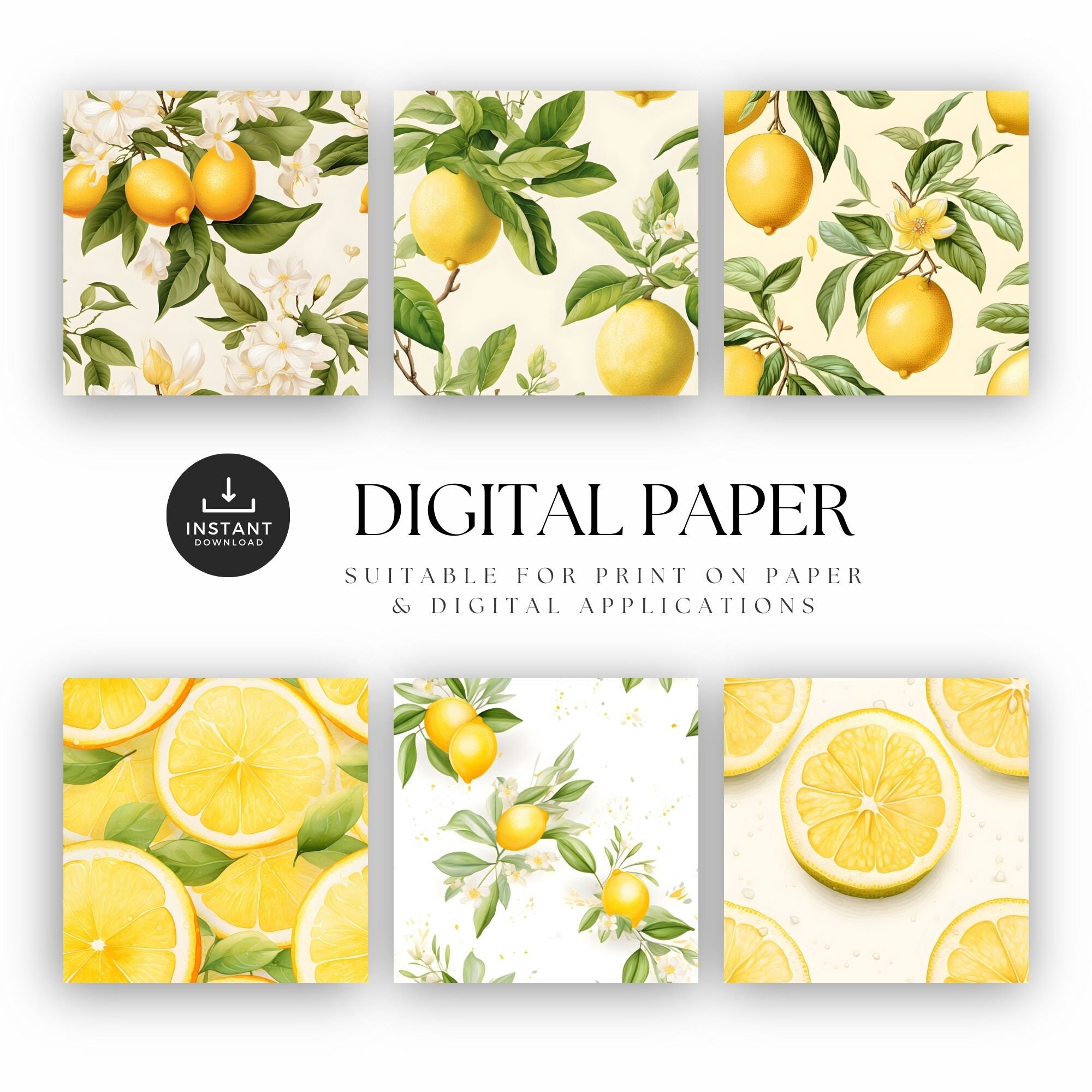 Lemon Digital Paper Seamless JPG, Summer Fruit Blossom Branches, Juicy ...