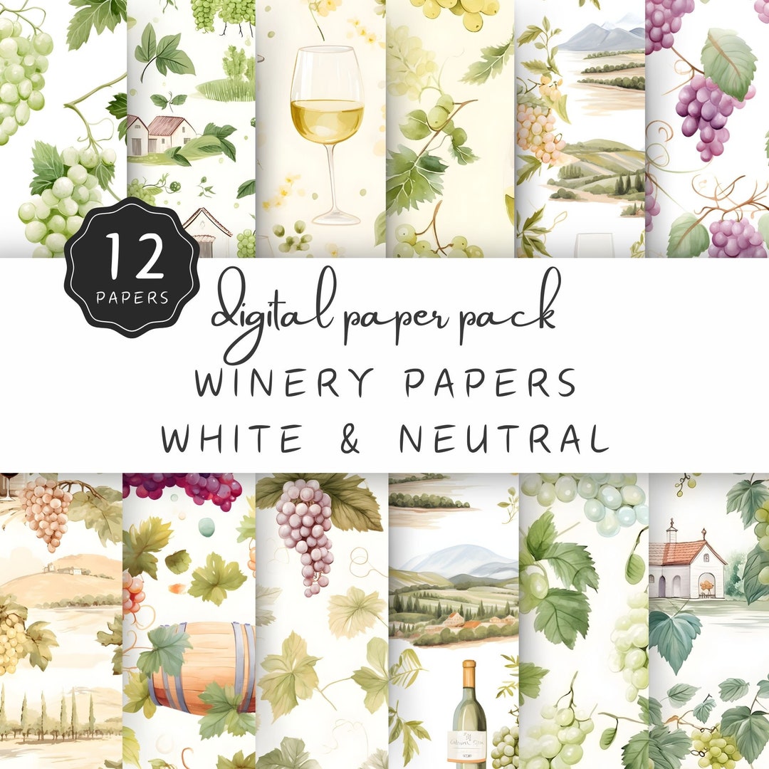 Winery Digital Paper, White Grape Wine, Vinyard Background, Bottles and ...