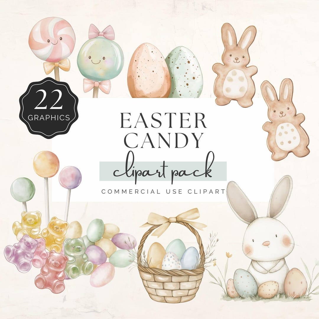 Easter Candy Clipart, Watercolor Kawaii Bunny Clipart, Easter Eggs ...