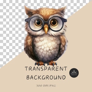 Wise Owl Clipart, Watercolor Owl With Black Glasses Illustration ...