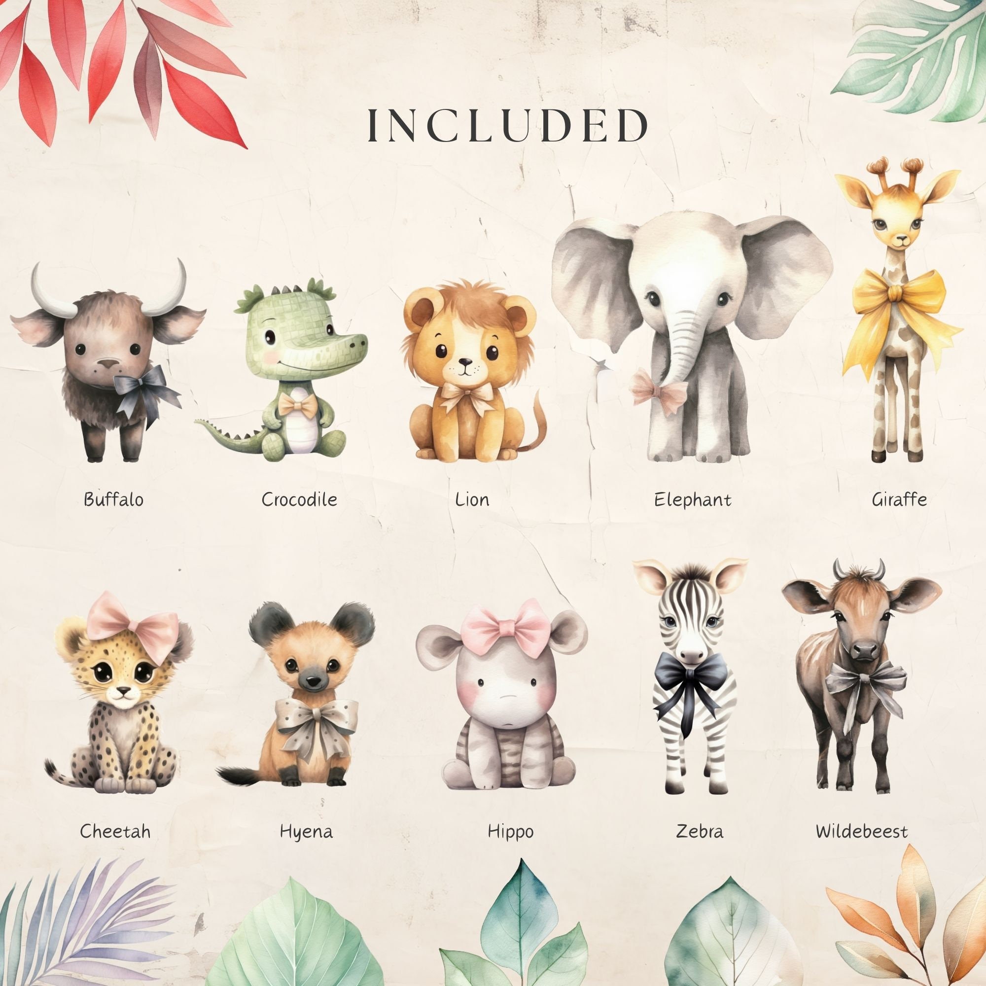 Wild One Safari Clipart Bundle, Cute Animals With Bows, Watercolor ...