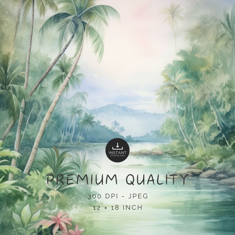 Tropical Island Digital Paper Pack, Watercolor Romantic Scenery ...