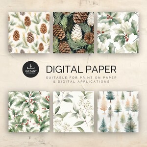 Winter Pine & Holly Seamless Pattern Paper, Watercolor Natural ...