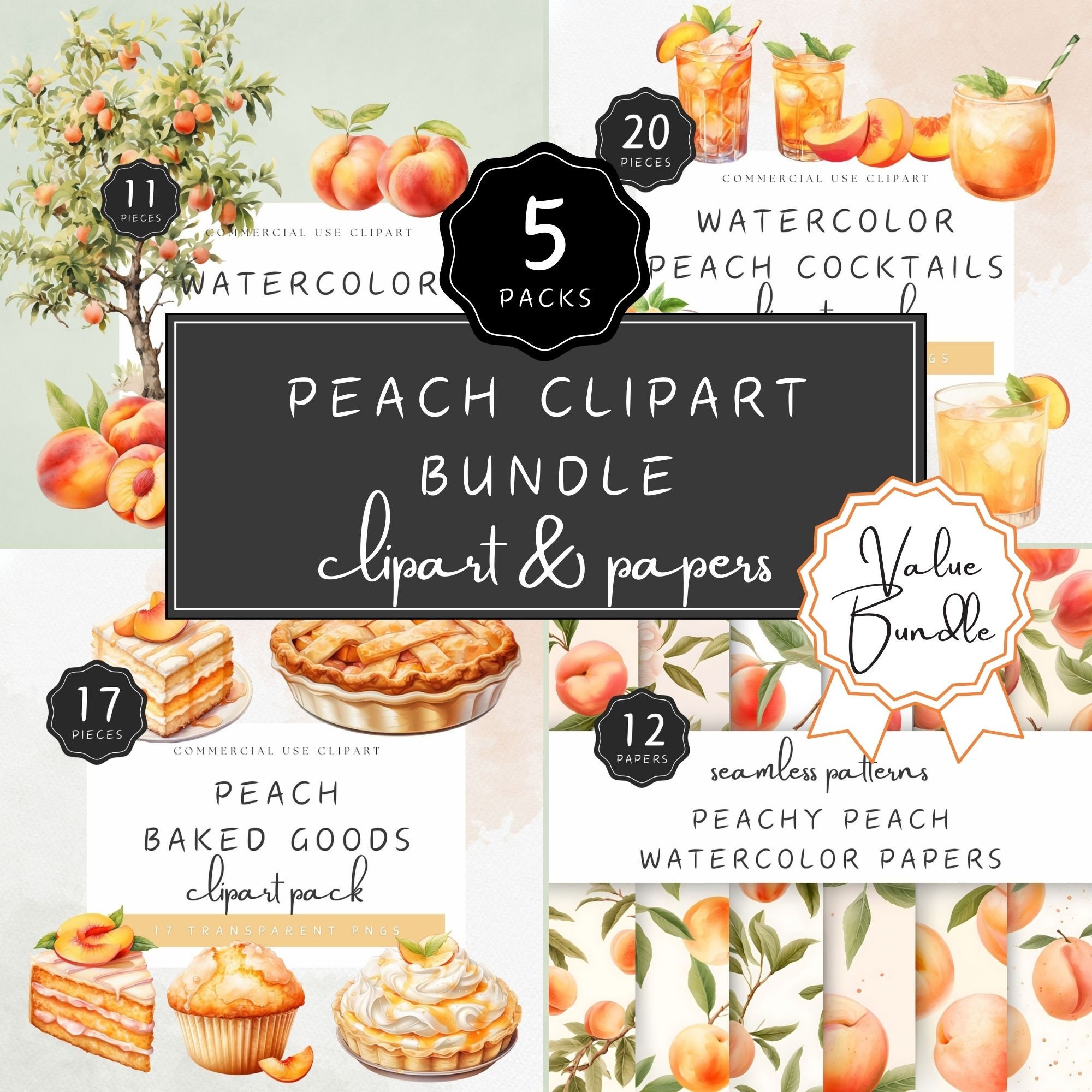 Peach Clipart Watercolor Bundle Peaches PNG Cocktails Cheesecake and ...