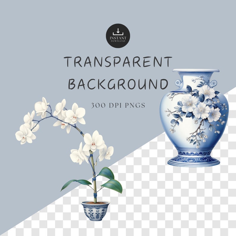 Chinoiserie Vase Clipart, Watercolor Delfts Blue Pot With Orchid, PNG ...