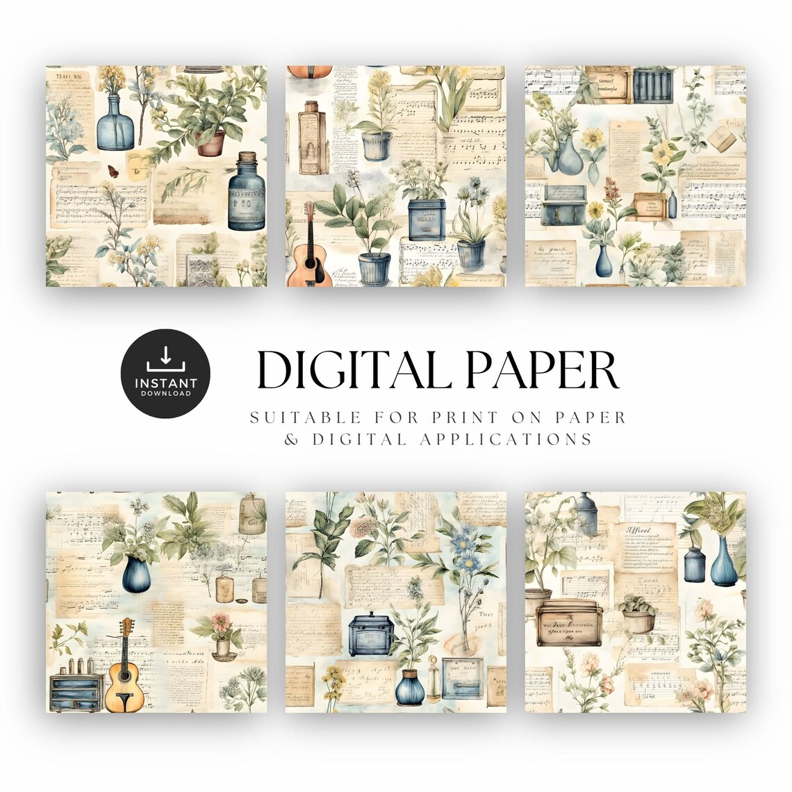 Creative Journal Collage Seamless Pattern Paper in JPG Watercolor ...
