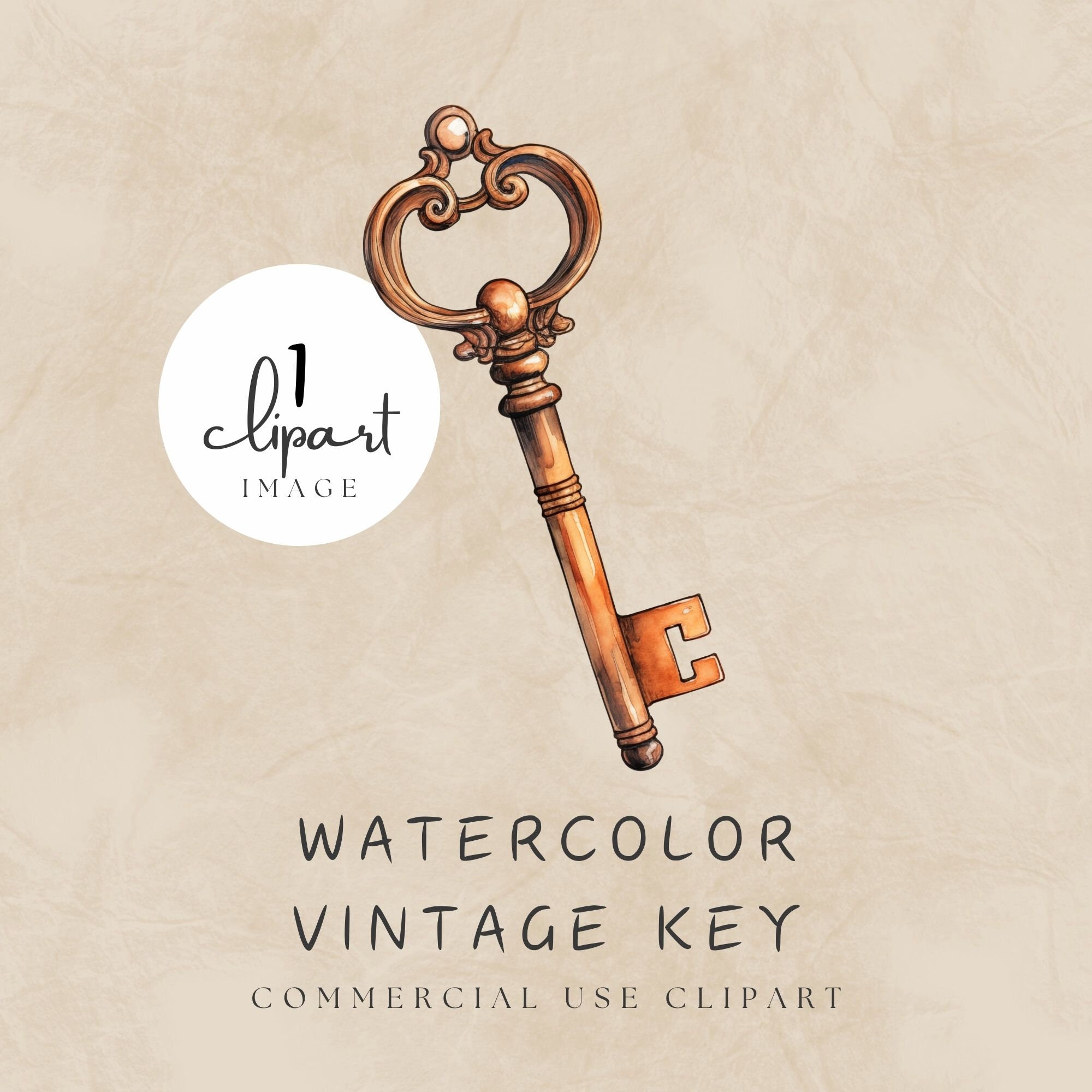 Watercolor Vintage Key Clipart, Single Elegant Key, Large Antique Key ...