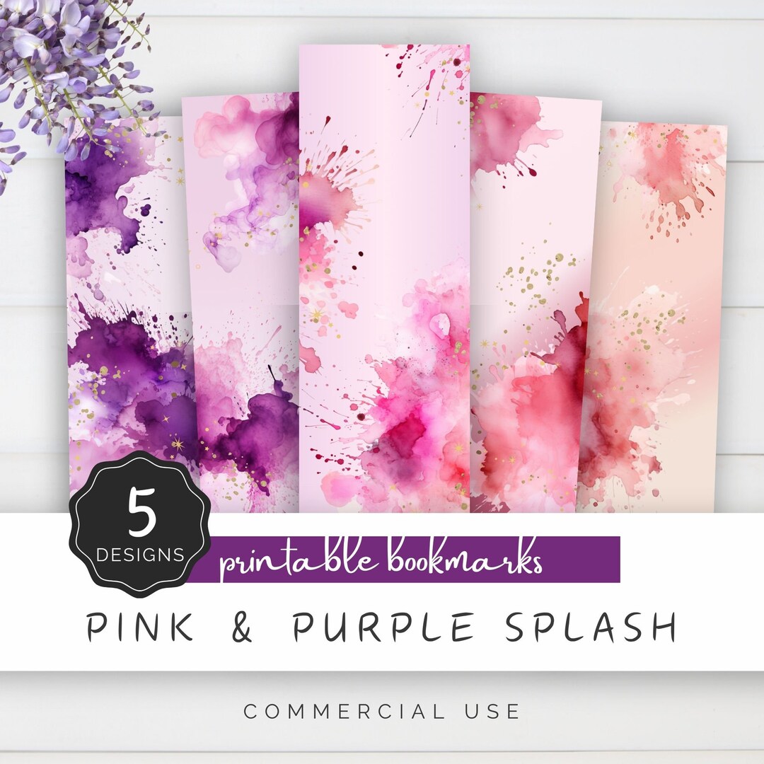 Pink and Purple Splash Printable Bookmark, Watercolor Cute Bookmarks ...