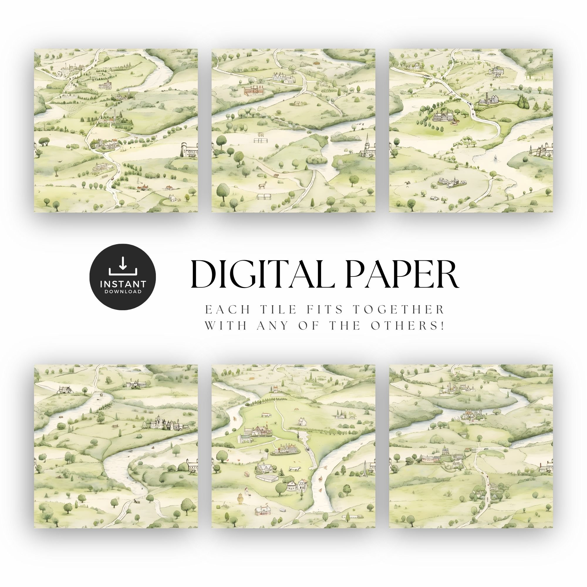 Countryside Map Tiles, Cottagecore Digital Paper, Vintage Map ...