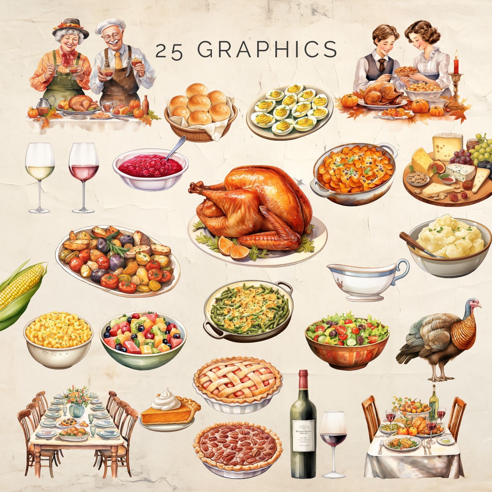 Thanksgiving Dinner Table Clipart, Watercolor Family With Roasted ...