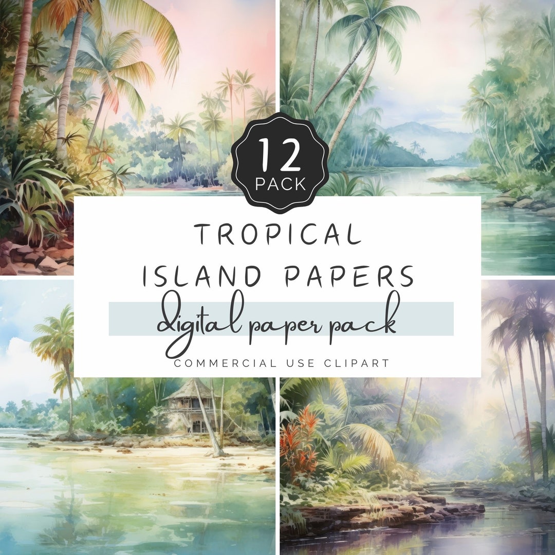 Tropical Island Digital Paper Pack, Watercolor Romantic Scenery ...